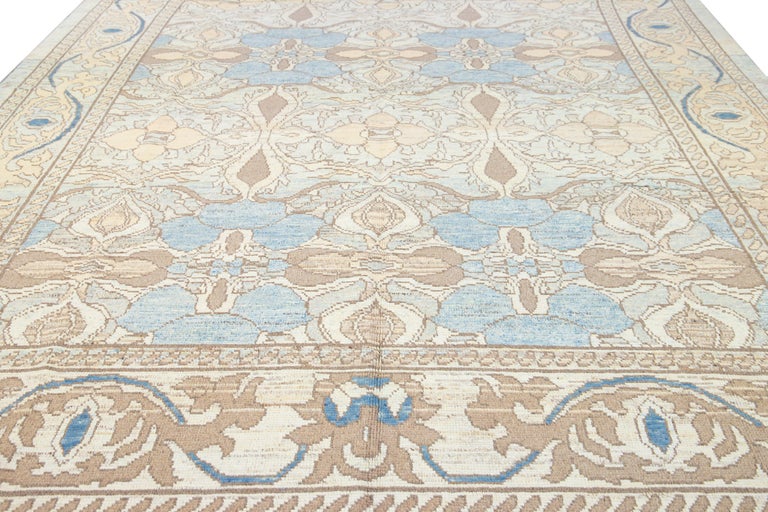Modern Oushak Beige and Blue Handmade Tribal Floral Pattern Wool Rug ...