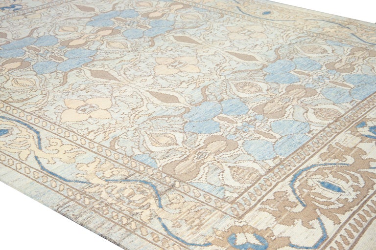 Modern Oushak Beige and Blue Handmade Tribal Floral Pattern Wool Rug ...