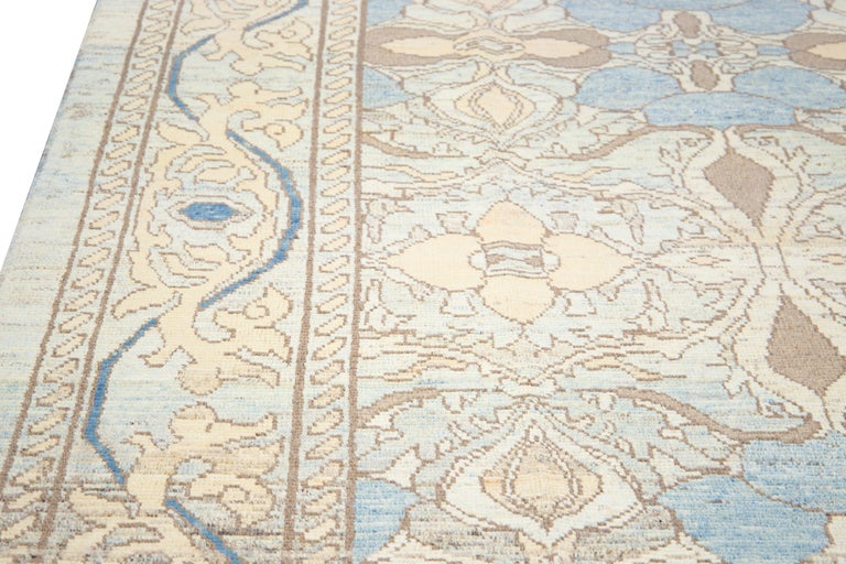 Modern Oushak Beige and Blue Handmade Tribal Floral Pattern Wool Rug ...