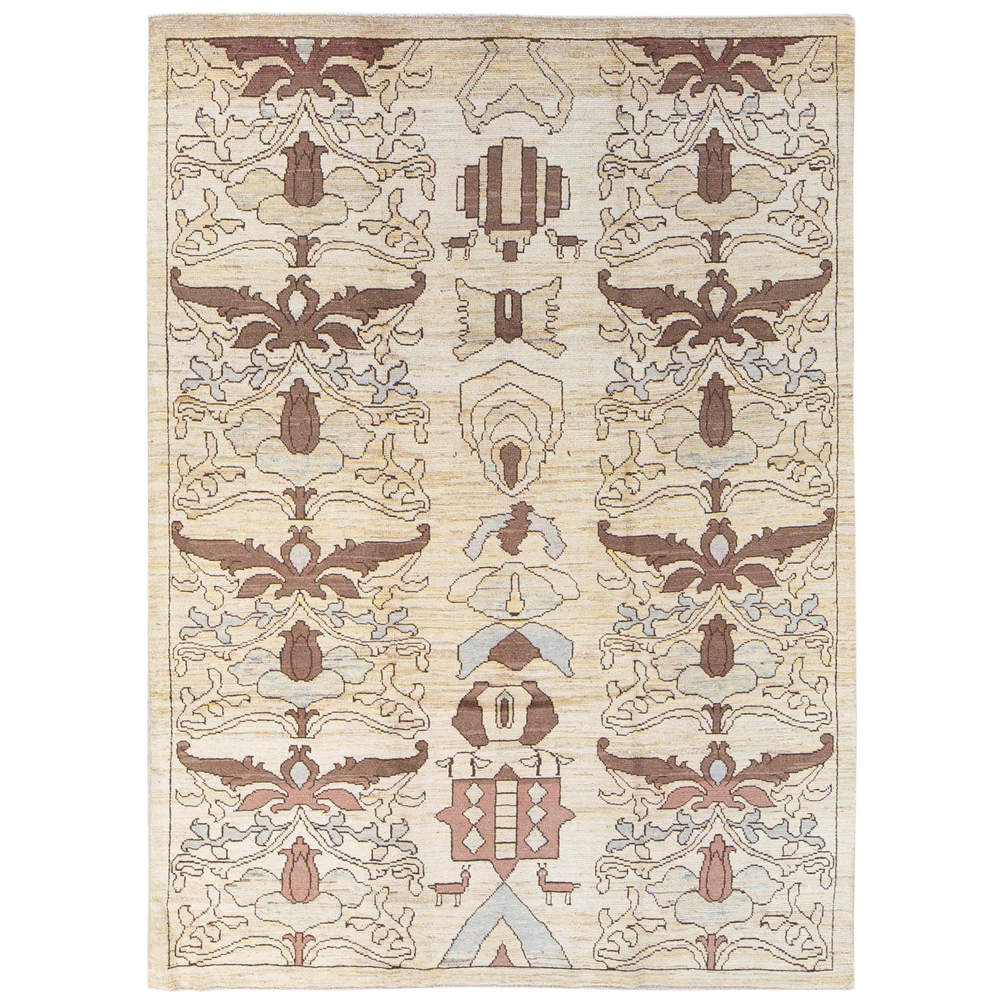 Modern Oushak Beige Handmade Tribal Floral Pattern Wool Rug For Sale at ...