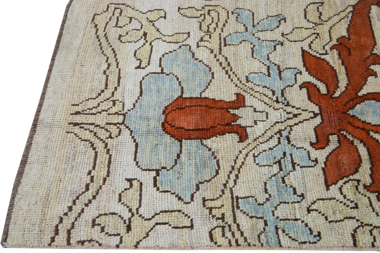 Modern Oushak Beige Handmade Tribal Floral Pattern Wool Rug For Sale at ...