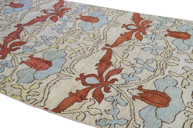 Modern Oushak Beige Handmade Tribal Floral Pattern Wool Rug For Sale at ...