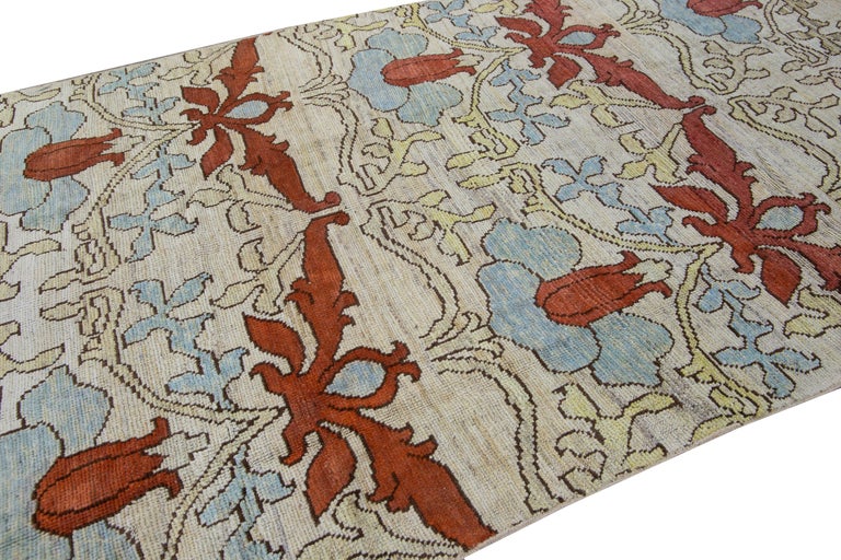 Modern Oushak Beige Handmade Tribal Floral Pattern Wool Rug For Sale at ...