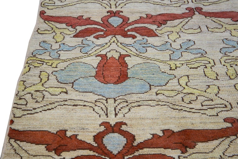 Modern Oushak Beige Handmade Tribal Floral Pattern Wool Rug For Sale at ...