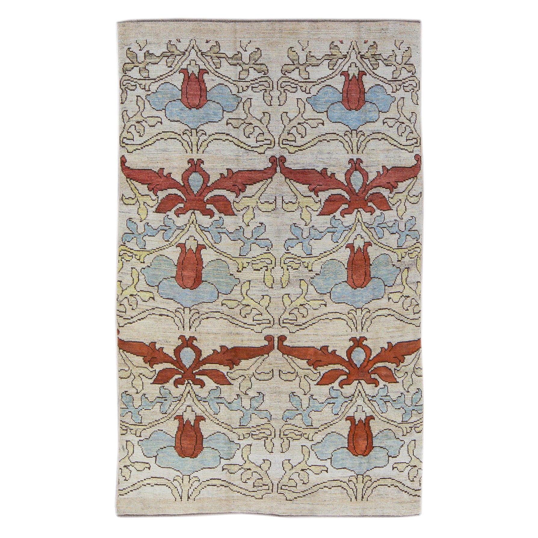 Modern Oushak Beige Handmade Tribal Floral Pattern Wool Rug For Sale at ...