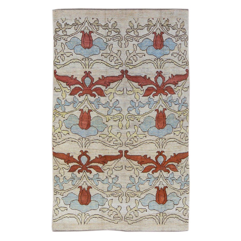 Modern Oushak Beige Handmade Tribal Floral Pattern Wool Rug For Sale at ...