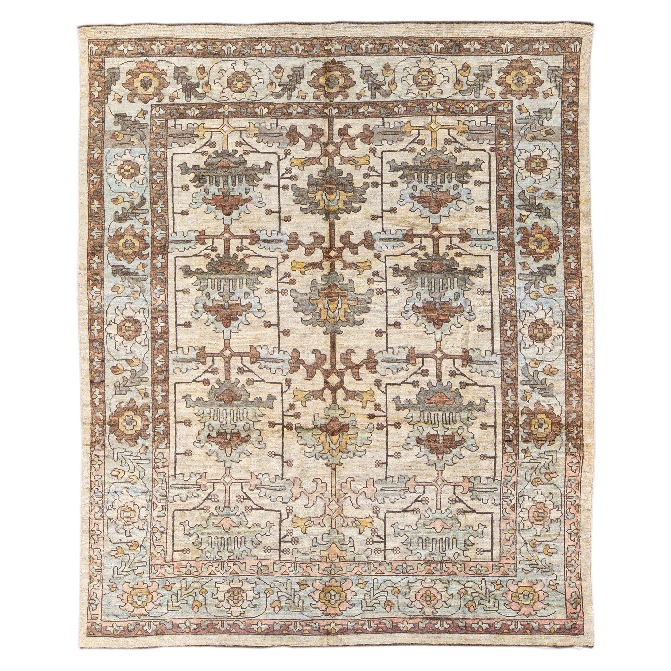 Beige Modern Oushak Handmade Floral Pattern Wool Rug For Sale at 1stDibs