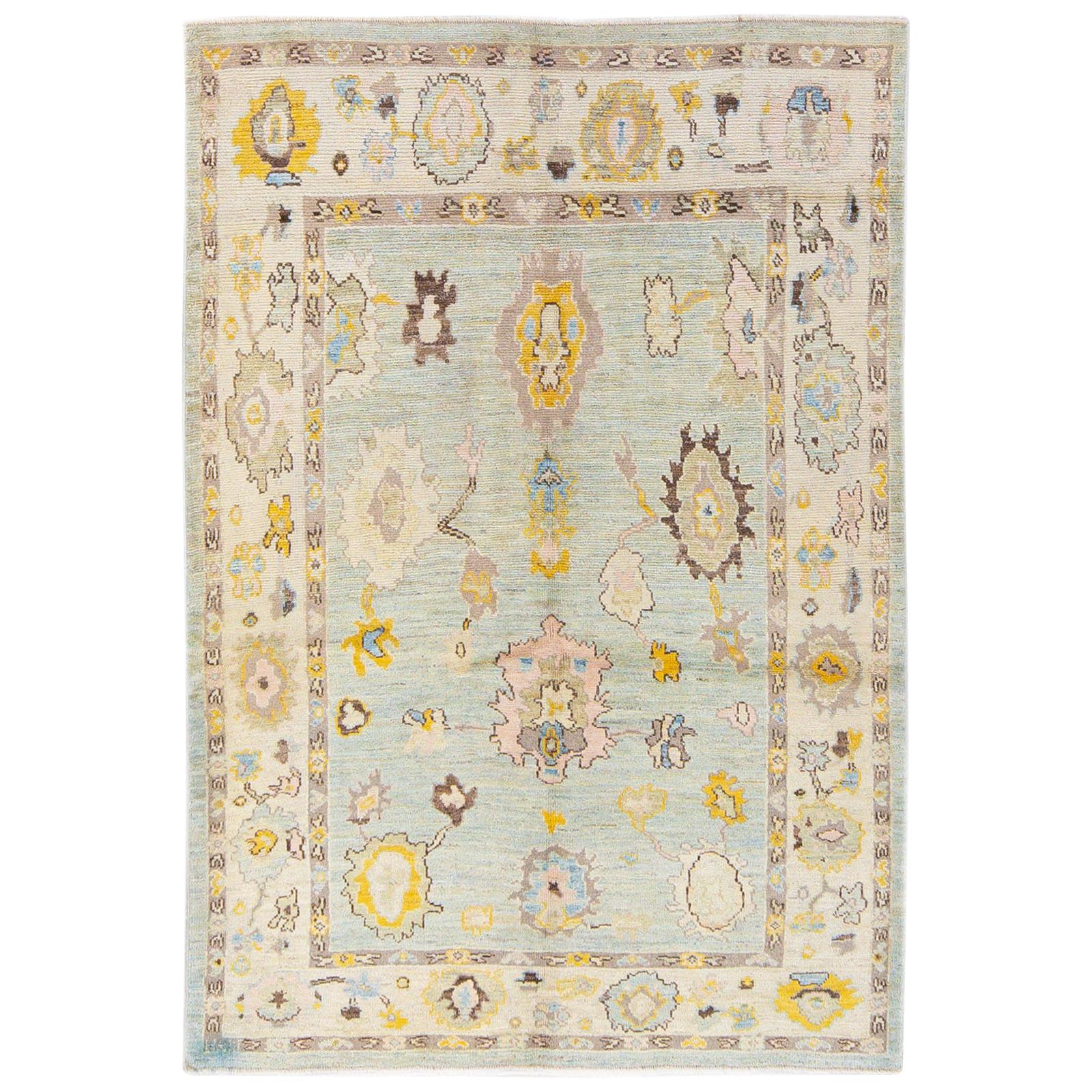 Modern Turkish Oushak Rug with Blue Field and Beige Floral Details For ...