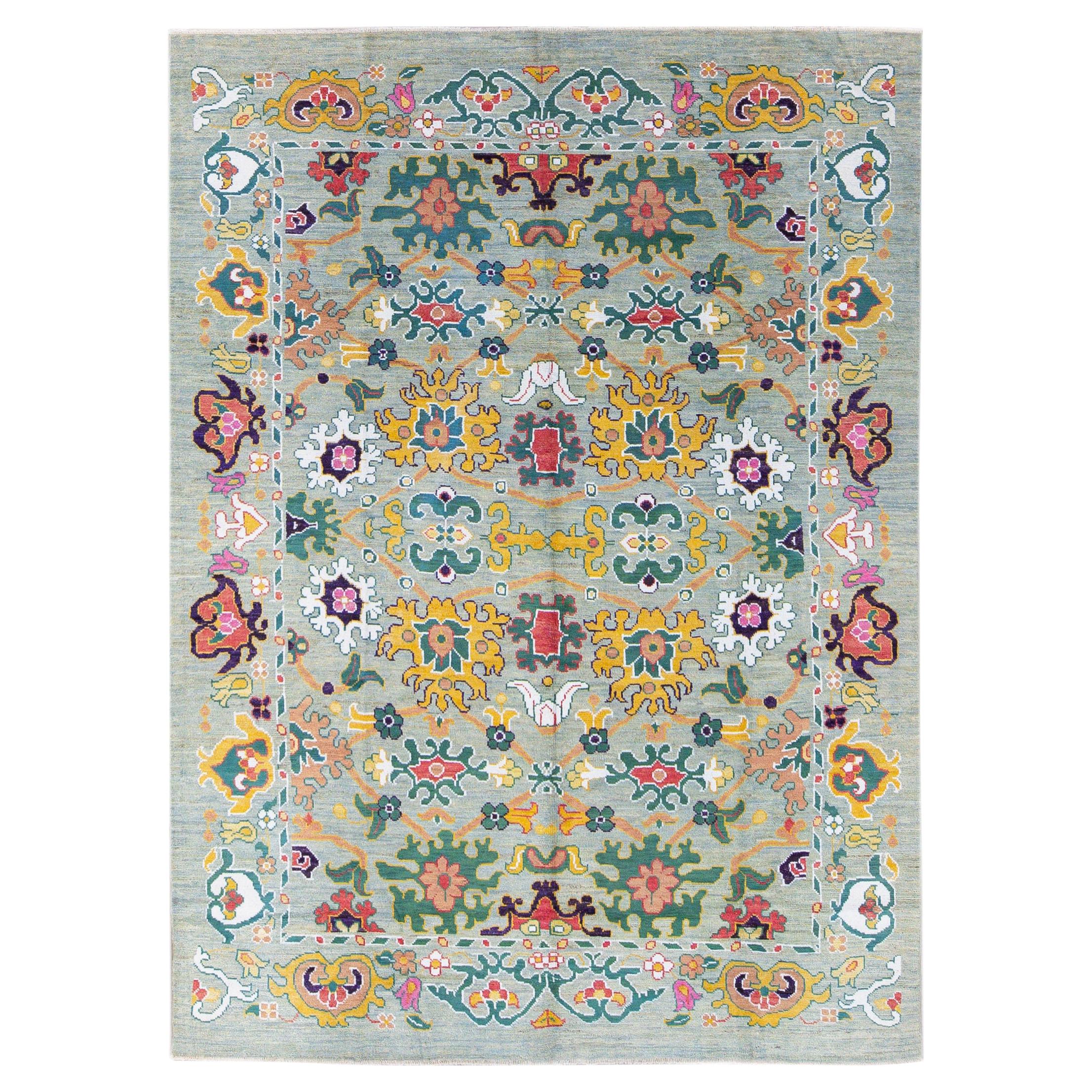 Wide and Large Antique Oushak Rug with Floral Design in Variegated ...
