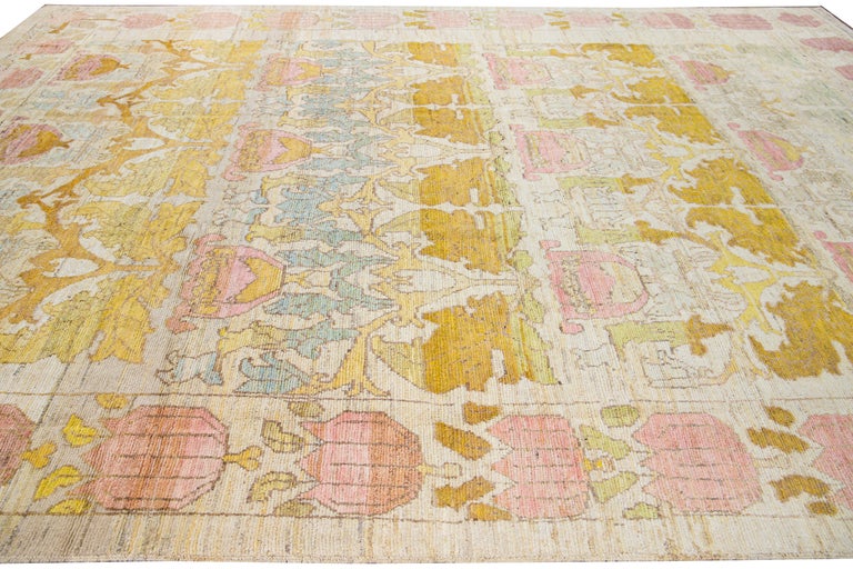 Modern Oushak Handmade Floral Beige Wool Rug at 1stDibs