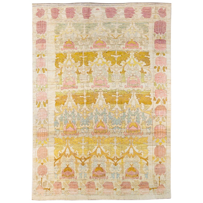 Modern Oushak Handmade Floral Beige Wool Rug at 1stDibs