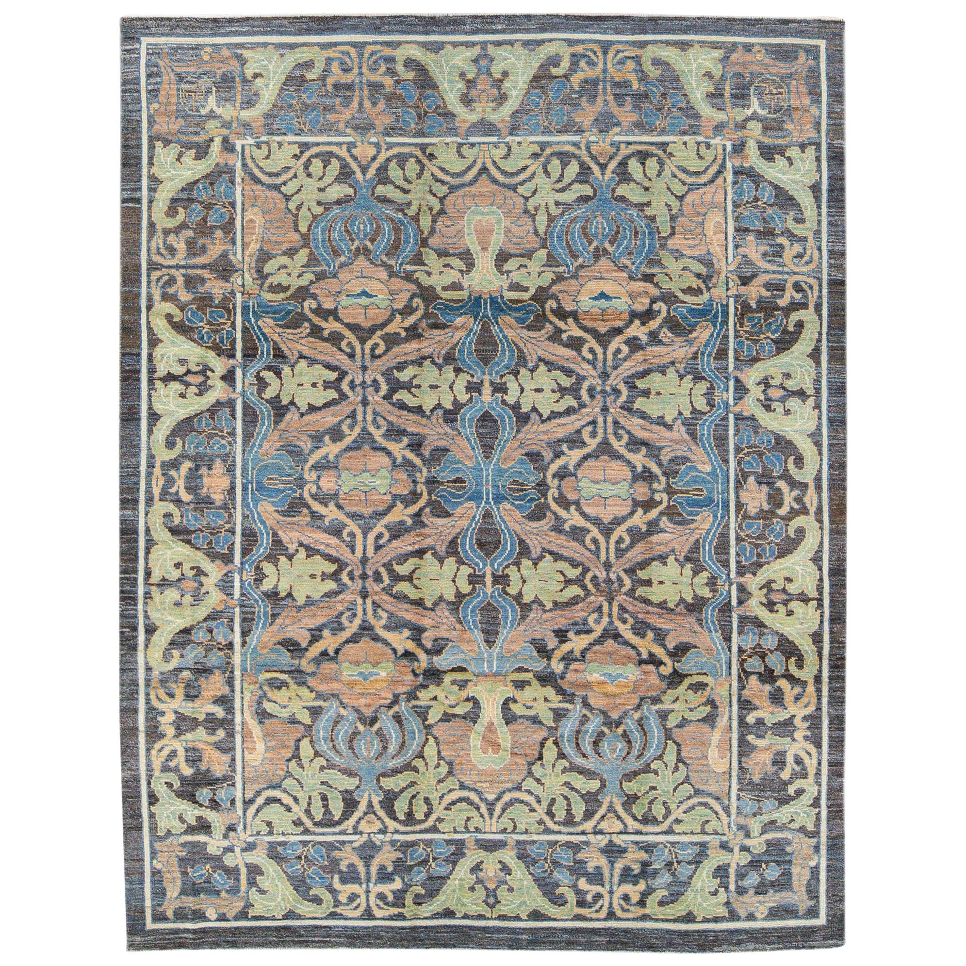 Modern Oushak Handmade Floral Pattern Designed Brown Wool Rug For Sale ...