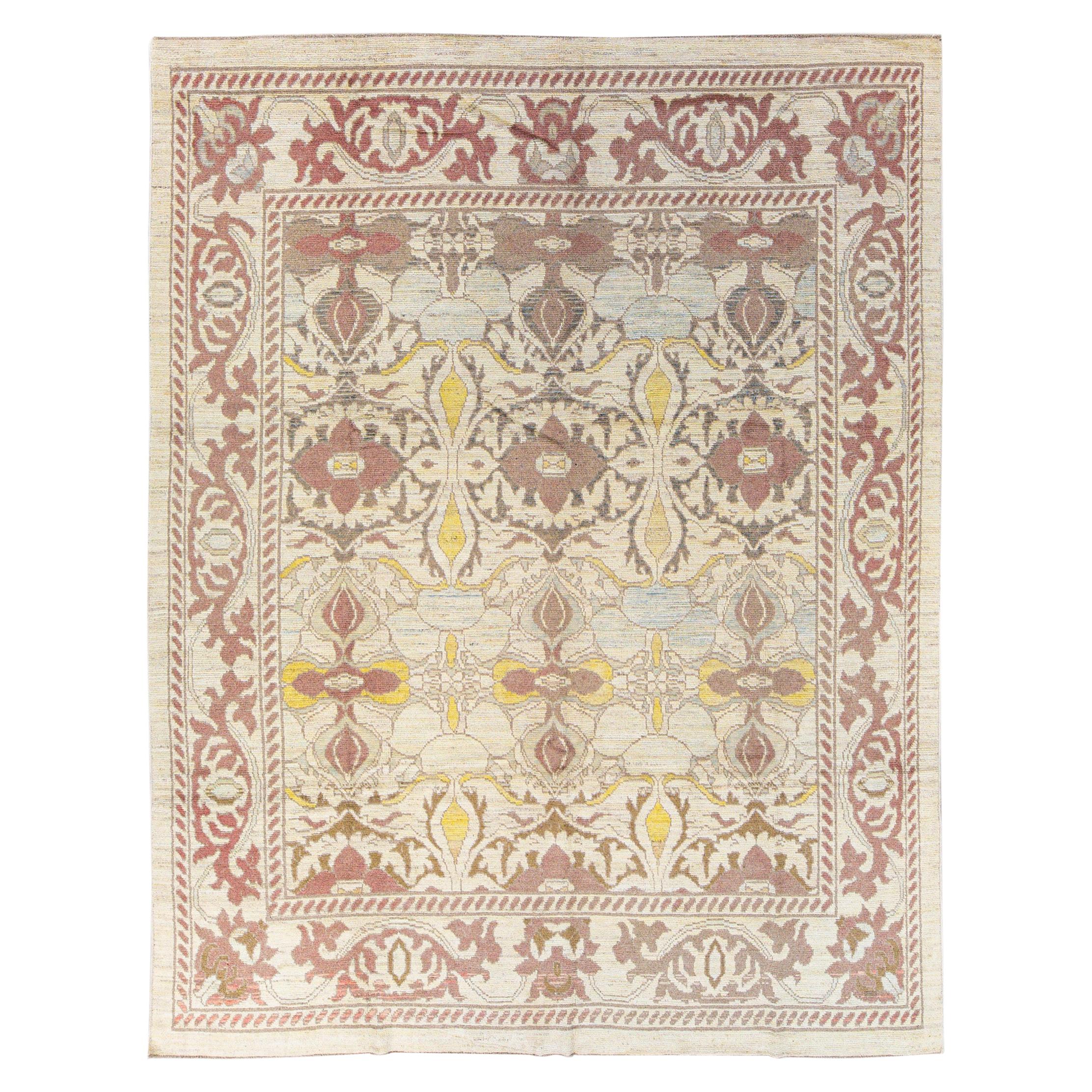 Modern Oushak Handmade Floral Pattern Designed Brown Wool Rug For Sale ...