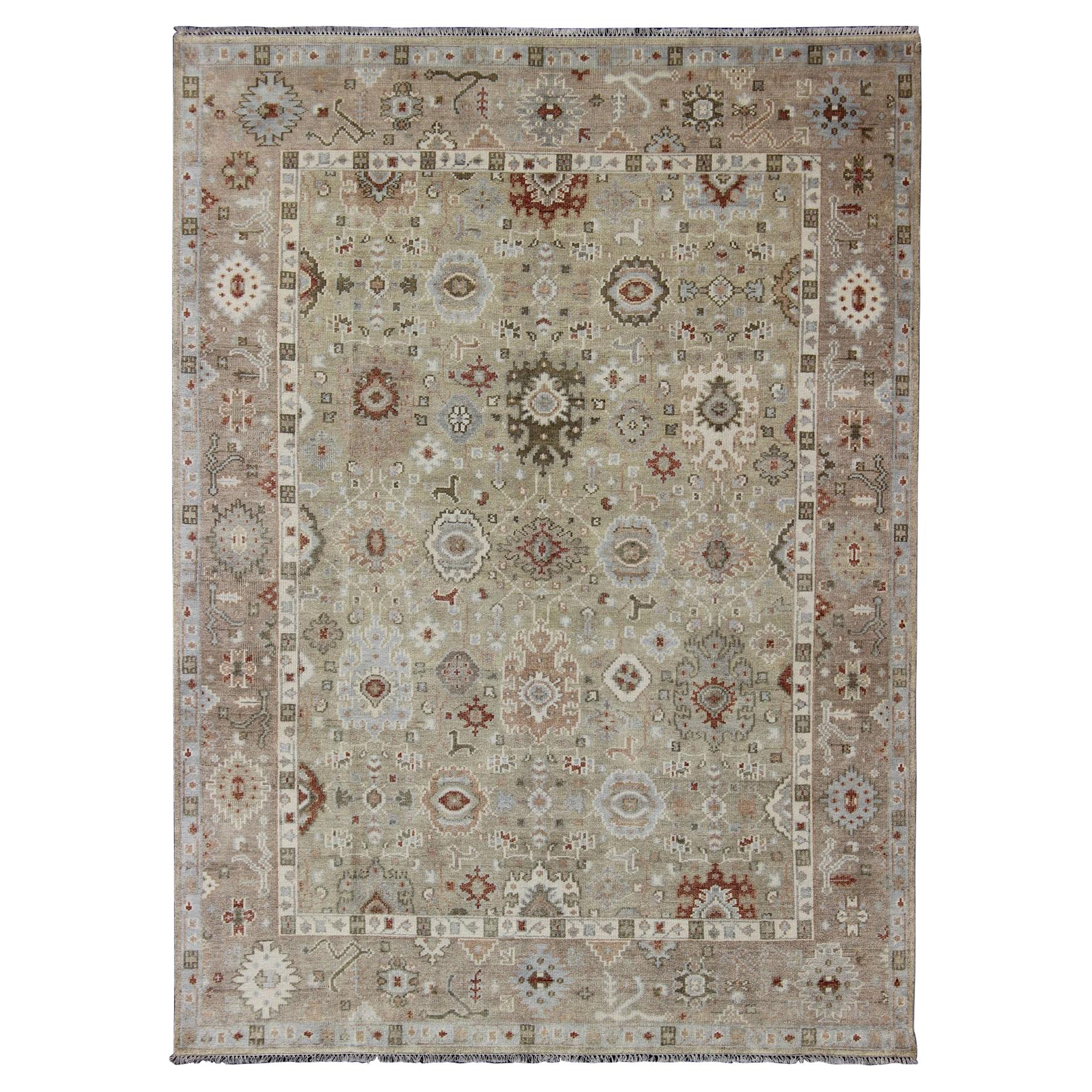 Modern Oushak Muted Rug in Coral and Light Blue For Sale at 1stDibs