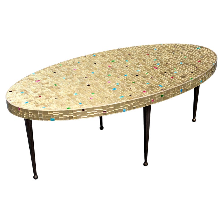 Modern Oval Moon Gold Mosaic Coffee Table with Metal Legs by Ercole ...