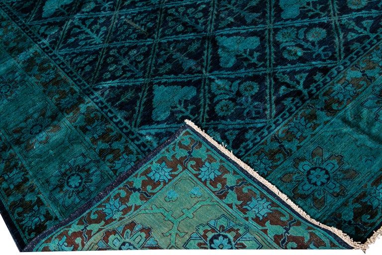 Modern Overdyed Blue Handmade Geometric Floral Pattern Square Wool Rug ...