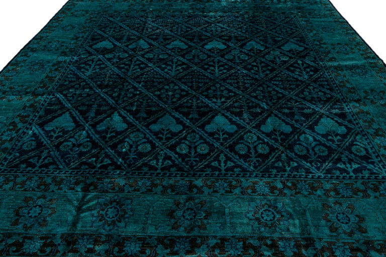 Modern Overdyed Blue Handmade Geometric Floral Pattern Square Wool Rug ...