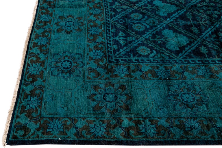 Modern Overdyed Blue Handmade Geometric Floral Pattern Square Wool Rug ...