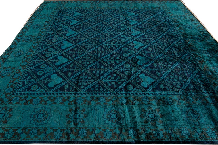 Modern Overdyed Blue Handmade Geometric Floral Pattern Square Wool Rug ...