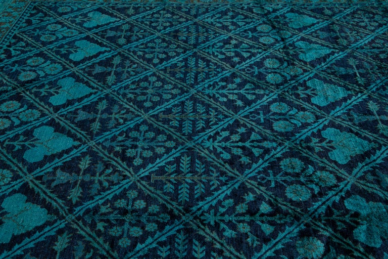 Modern Overdyed Blue Handmade Geometric Floral Pattern Square Wool Rug ...