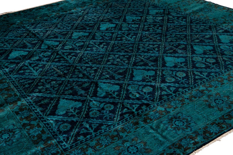 Modern Overdyed Blue Handmade Geometric Floral Pattern Square Wool Rug ...