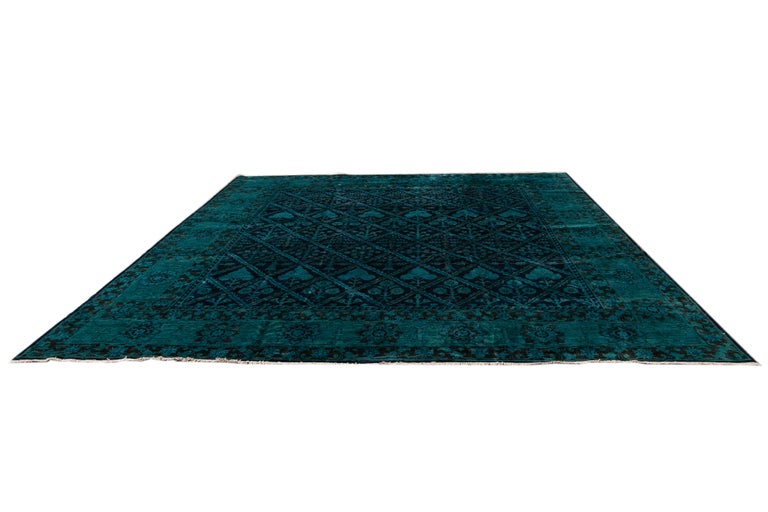 Modern Overdyed Blue Handmade Geometric Floral Pattern Square Wool Rug ...