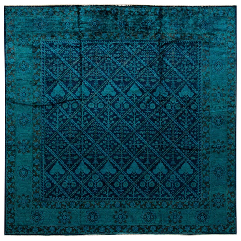Modern Overdyed Blue Handmade Geometric Floral Pattern Square Wool Rug ...