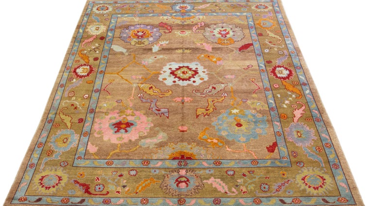 Modern Oversize Turkish Kars Handmade Tan Wool Rug With Floral Pattern ...