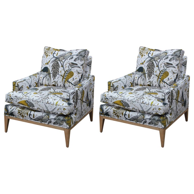 Modern Pair of Edward Wormley for Drexel Custom Bird Print Fabric ...