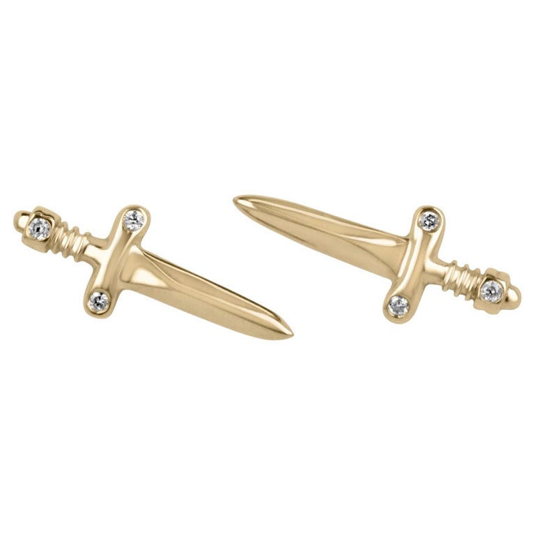Modern Pavé Set Natural Diamond Cool Trendy Dagger Sword Stud Earrings ...