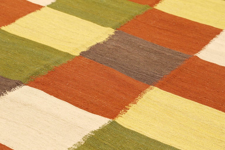 Modern Persian Kilim Style Rug with Colored Squares on Ivory Field For ...