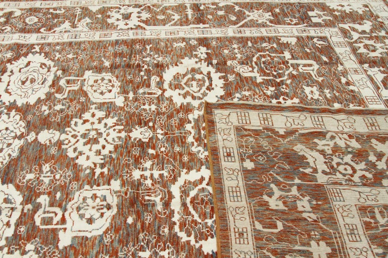 Modern Persian Oushak Rug in Rust Color with White and Green Floral ...
