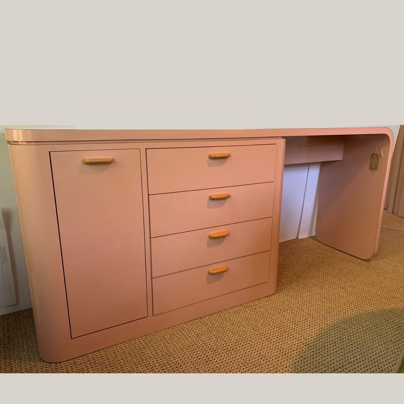 Mid-Century Modern Pink Laminate Shallow Desk with 4 Drawers and Teak ...