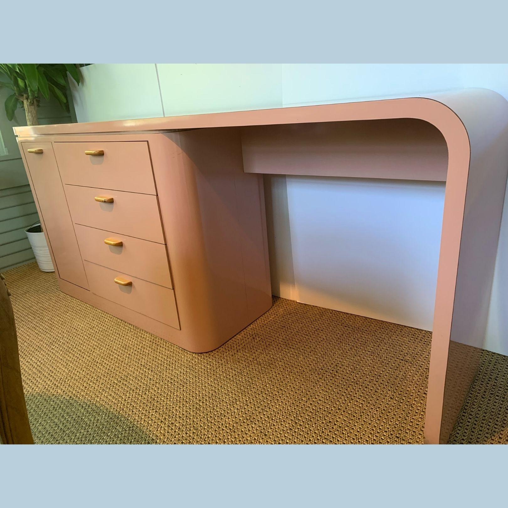Mid-Century Modern Pink Laminate Shallow Desk with 4 Drawers and Teak ...
