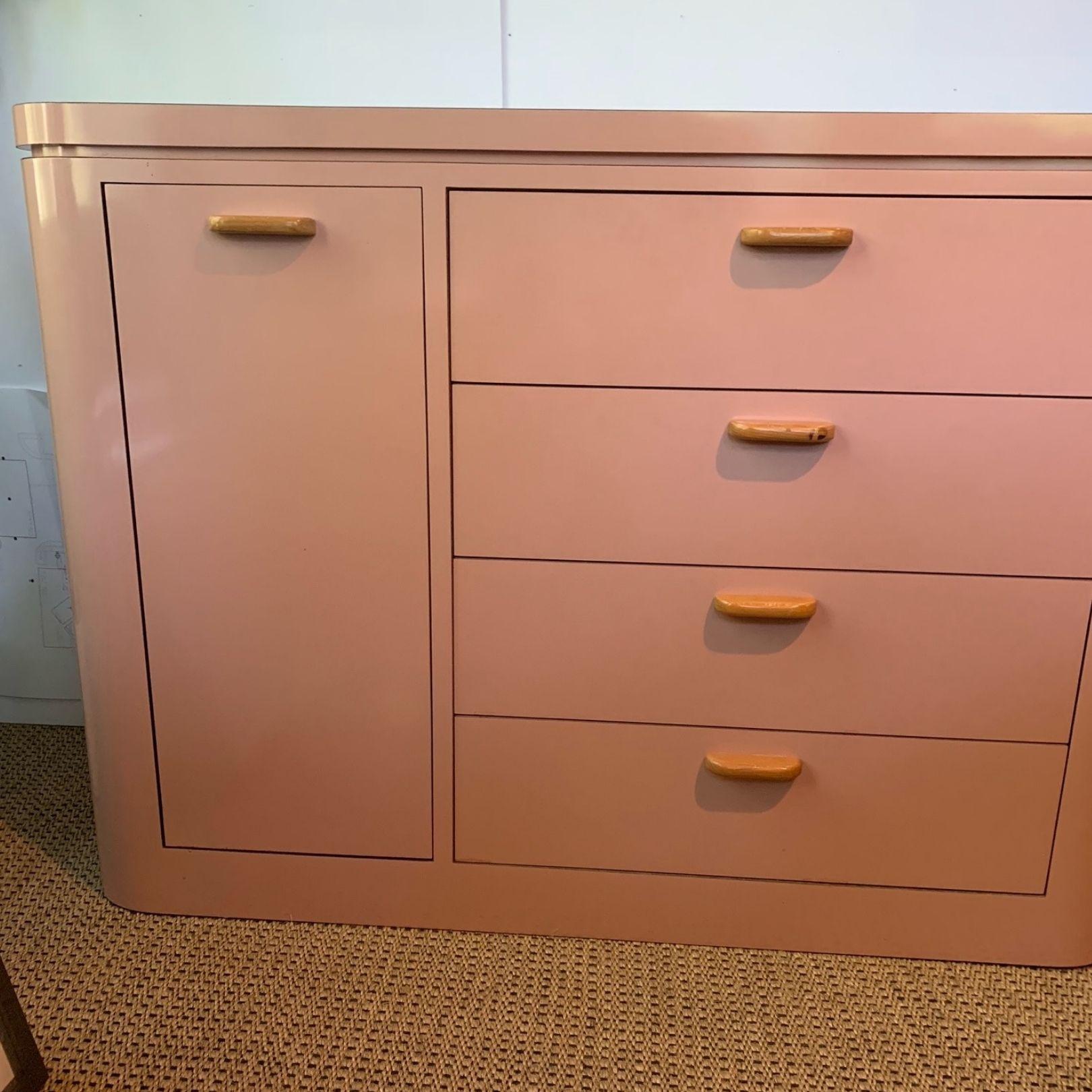 Mid-Century Modern Pink Laminate Shallow Desk with 4 Drawers and Teak ...