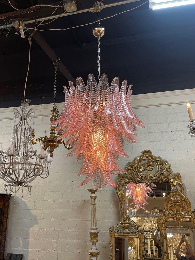 Modern Pink Murano Palm Leaf Chandelier For Sale at 1stDibs