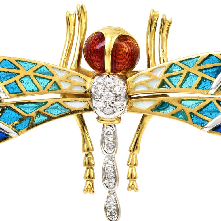 Modern Plique a jour Enamel Butterfly Diamond 18k Gold Brooch Pin For ...