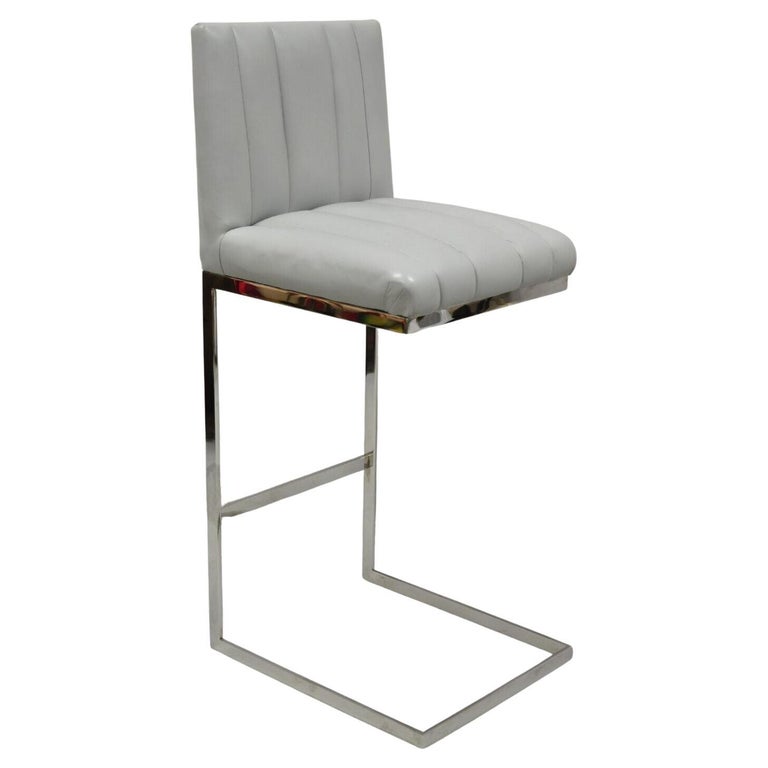 Modern Polished Chrome Gray Channel Leather Upholstered Bar Stool Chair ...