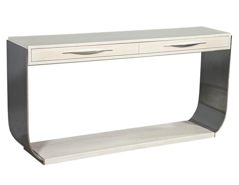 Modern Polished Stainless Steel White Oak Console Table at 1stDibs