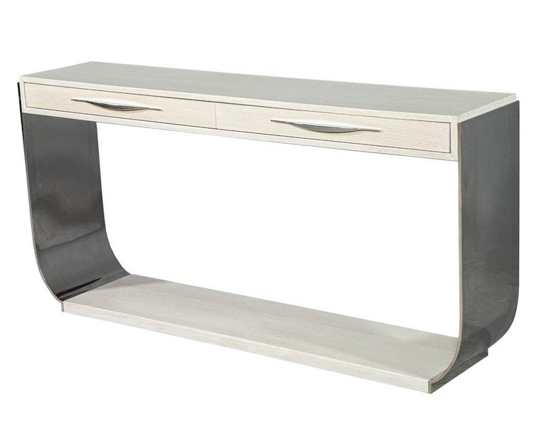 Modern Polished Stainless Steel White Oak Console Table at 1stDibs