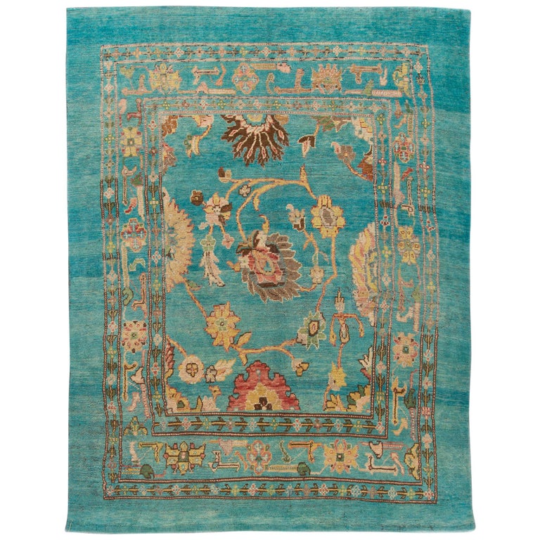 Modern Revival Blue Handmade Floral Wool Rug For Sale at 1stDibs