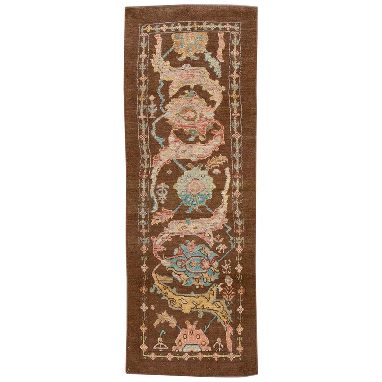 Modern Revival Brown Floral Handmade Wool Runner For Sale at 1stDibs