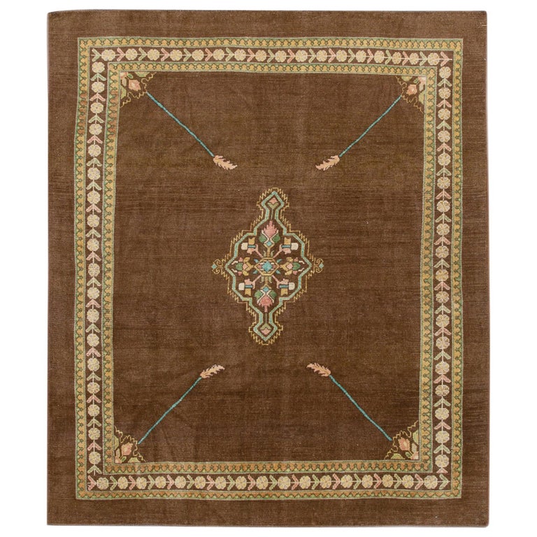 Modern Revival Brown Handmade Medallion Floral Wool Rug For Sale at 1stDibs