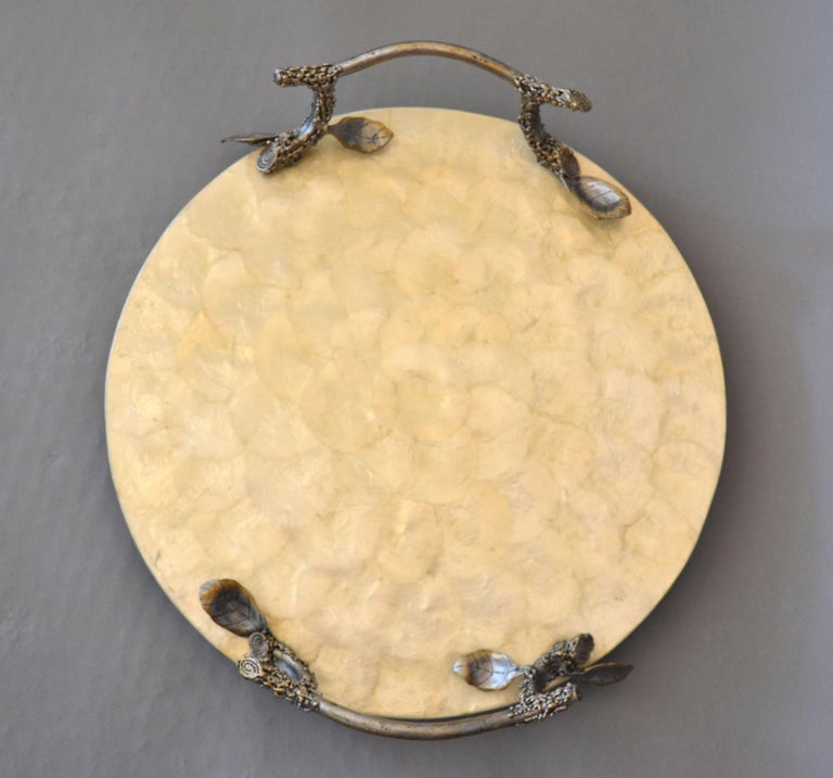 Modern Round Capiz Shell and Pewter Branch Handles Decorative Tray ...