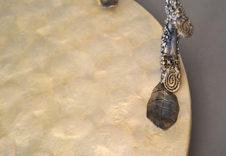 Modern Round Capiz Shell and Pewter Branch Handles Decorative Tray ...