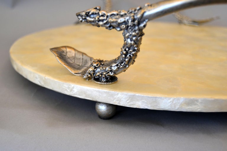 Modern Round Capiz Shell and Pewter Branch Handles Decorative Tray ...