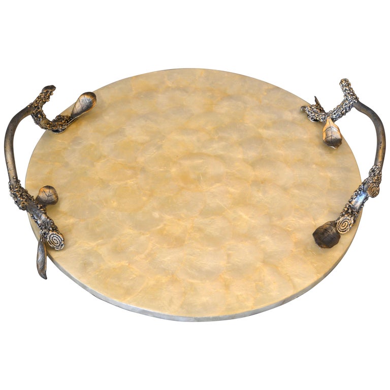 Modern Round Capiz Shell and Pewter Branch Handles Decorative Tray ...