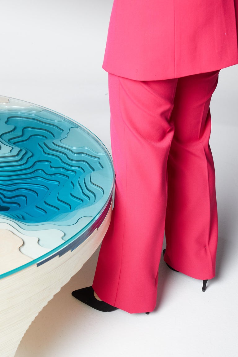 Modern Round Coffee Table in Birch Wood and Glass For Sale at 1stDibs