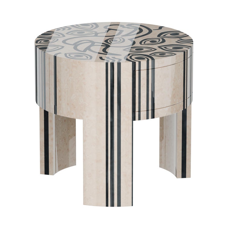 Modern Round Nighstand Bedside Table Pablo Print Black White Wood ...