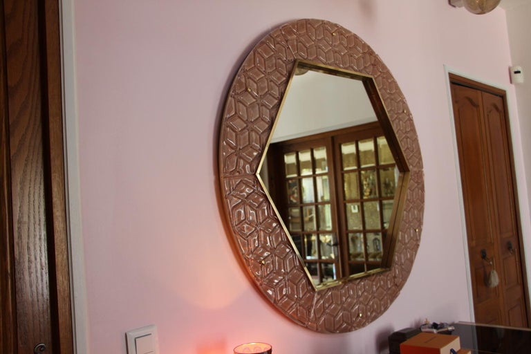 Modern Round Pink Textured Murano Glass Surround Mirror For Sale at 1stDibs